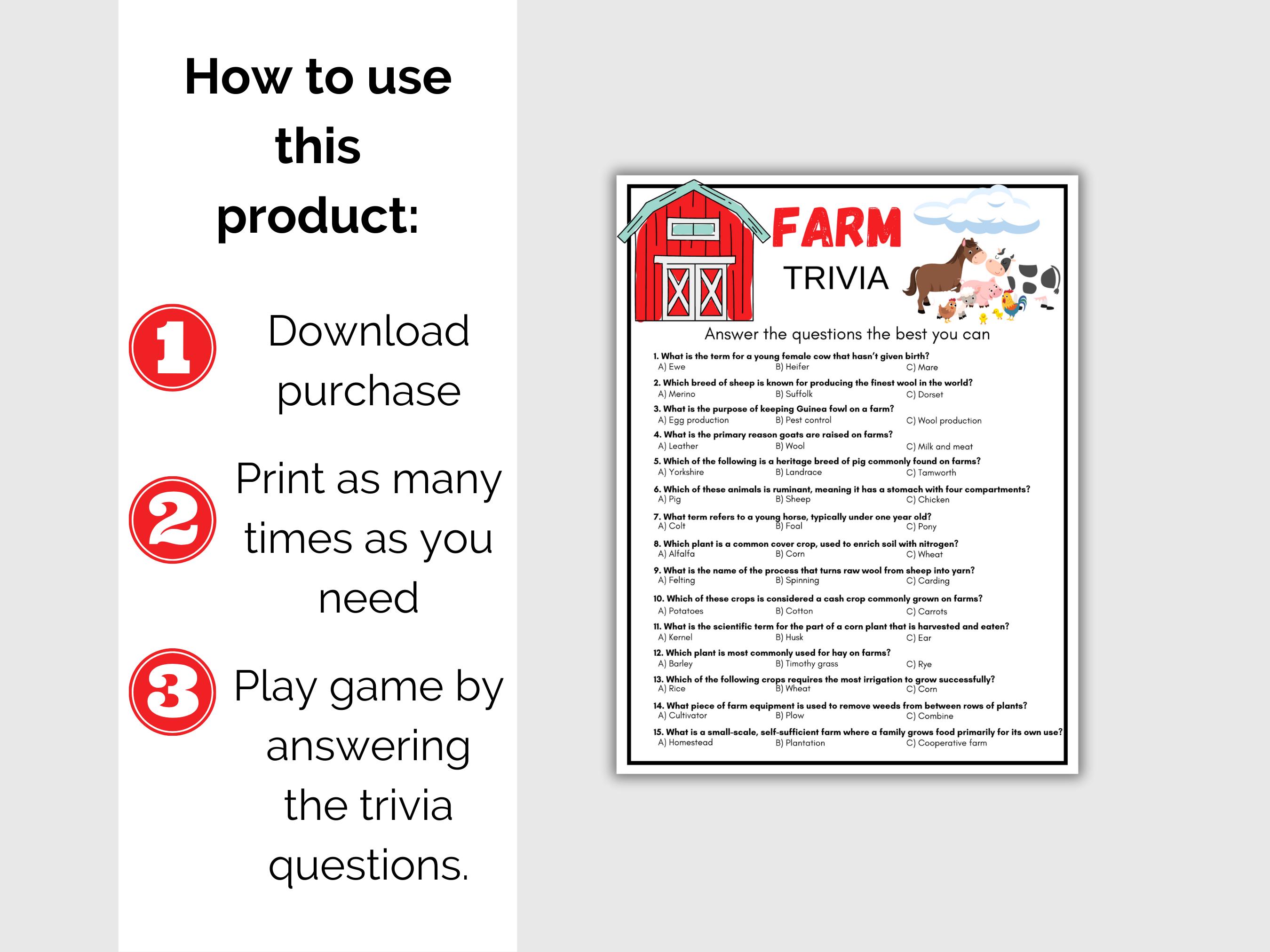 Farm Trivia Game, Printable Farm Trivia, Farm Quiz, Farming Printable ...