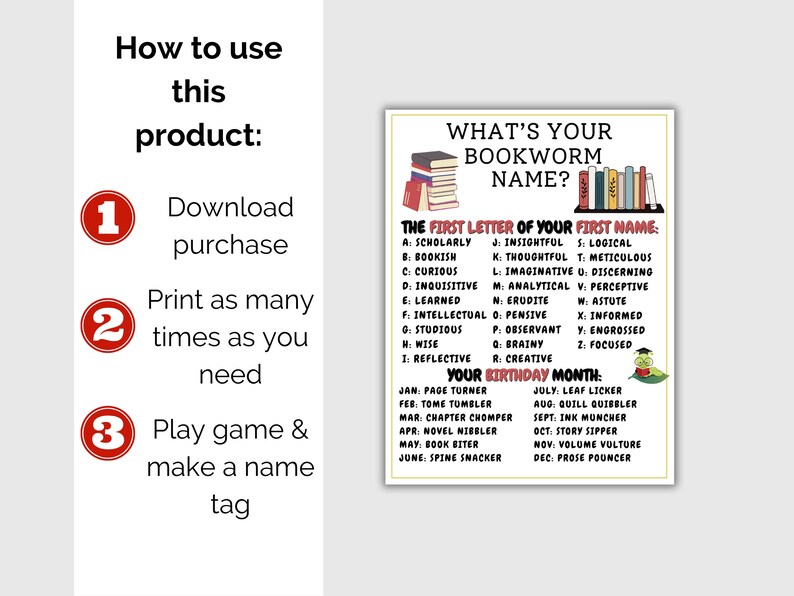 What's Your Bookworm Name Game + Name Tags, Printable Book Club Games ...