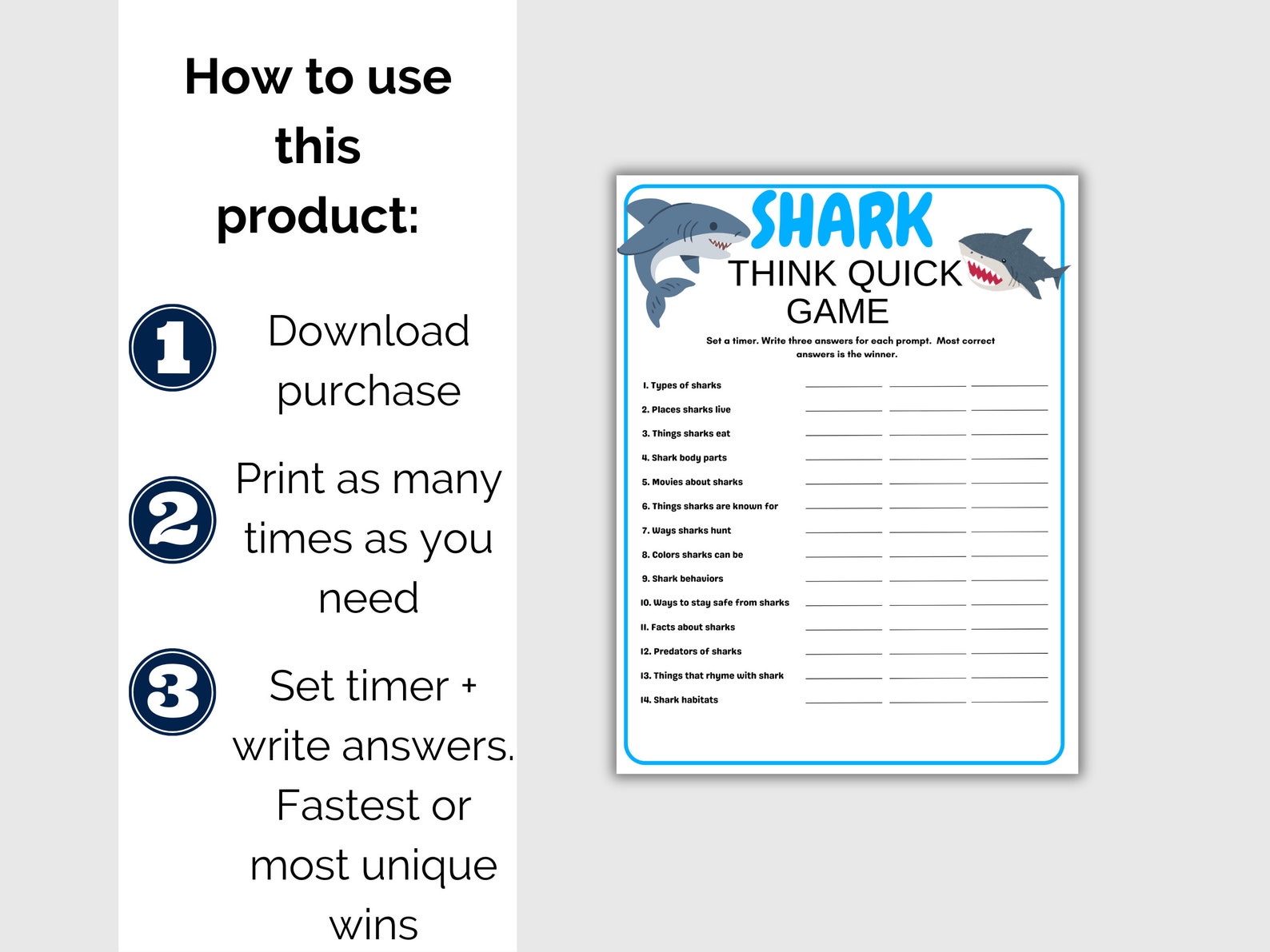 Shark Think Quick, Shark Birthday Party, Shark Party Game, Shark Week ...