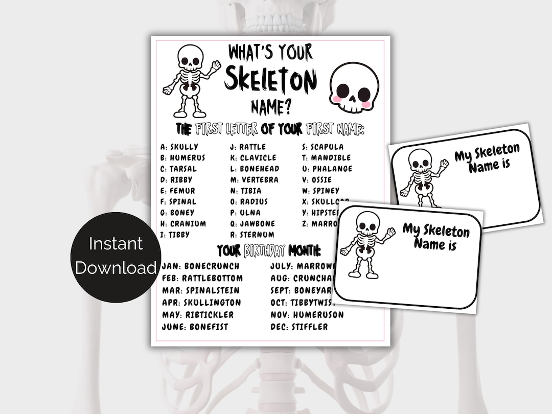 What's Your Skeleton Name Game + Name Tags, Printable Skeleton Party ...