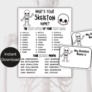 What's Your Skeleton Name Game + Name Tags, Printable Skeleton Party ...