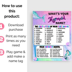 What's Your Mermaid Name Game + Name Tags, Mermaid Birthday Game ...