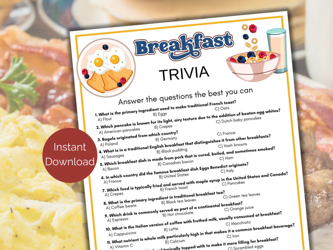 Breakfast Trivia Game, Printable Breakfast Trivia, Food Trivia, Cooking ...