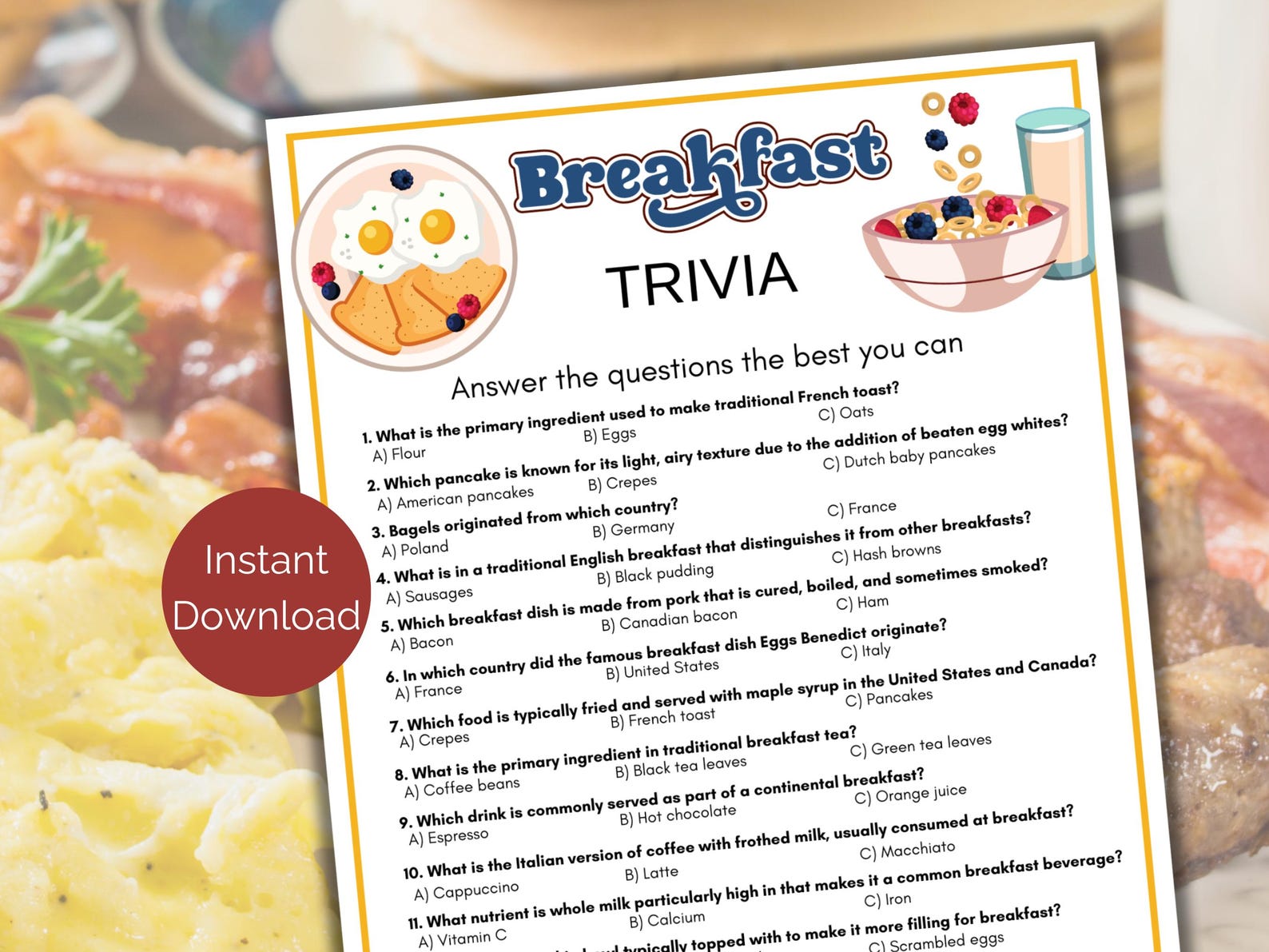 Breakfast Trivia Game, Printable Breakfast Trivia, Food Trivia, Cooking ...