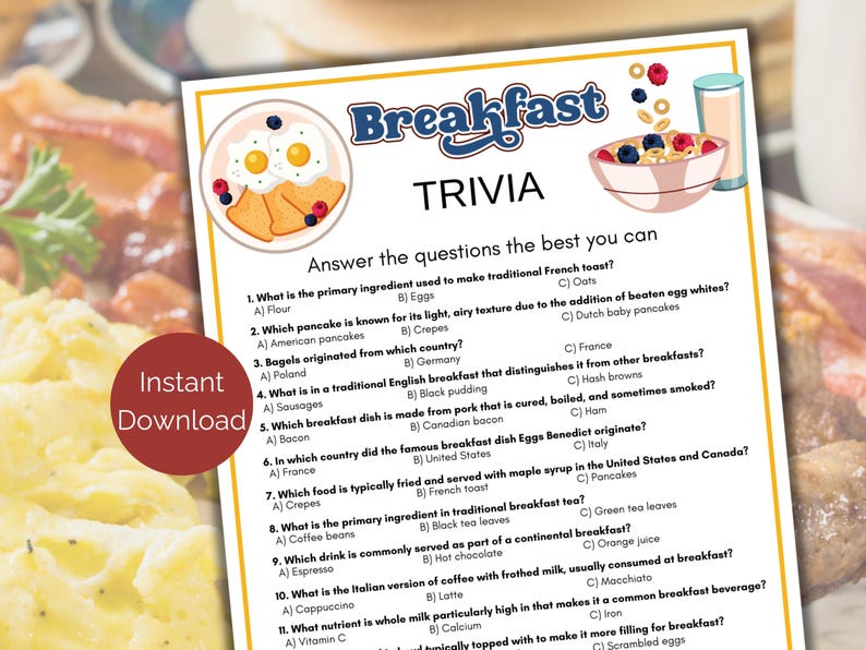 Breakfast Trivia Game, Printable Breakfast Trivia, Food Trivia, Cooking ...