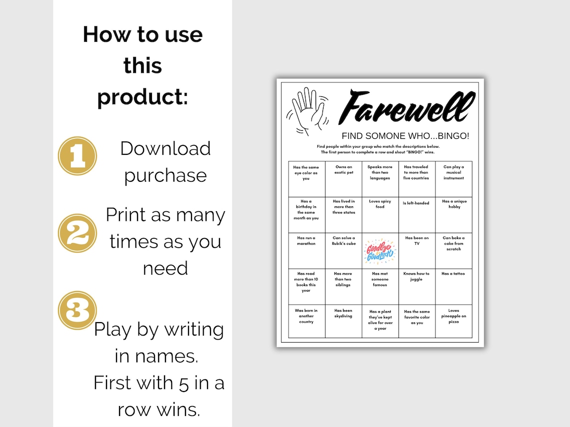 Farewell Find Someone Who Game, Going Away Party Mix and Mingle Bingo Game, Farewell Party Ice ...
