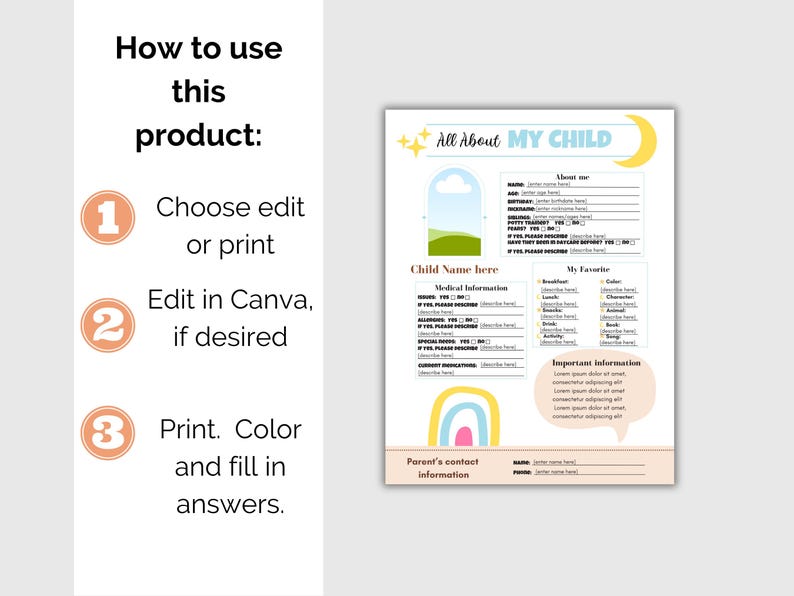Editable All About My Child Form, Student Information Sheet, Daycare ...