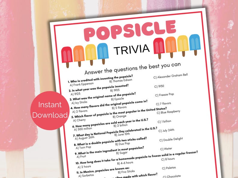 Popsicle Trivia Game, Popsicle Party Game, Popsicle Quiz, Popsicle ...