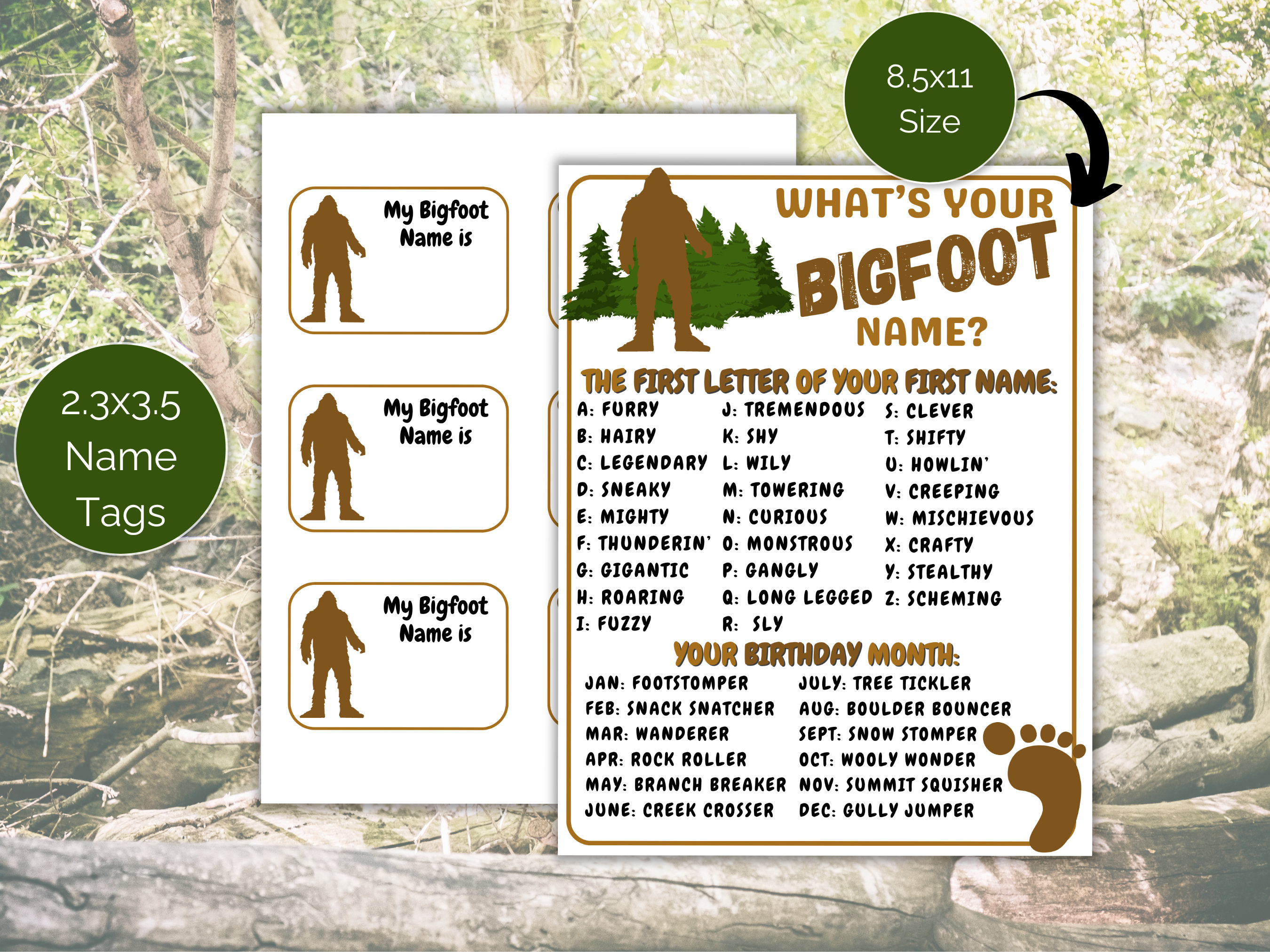 What's Your Bigfoot Name Game + Name Tags, Bigfoot Party Printable ...