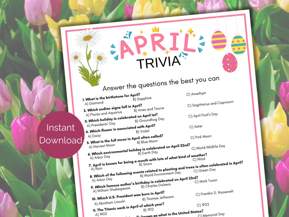 April Trivia Game, April Quiz, Printable April Games for Kids and ...