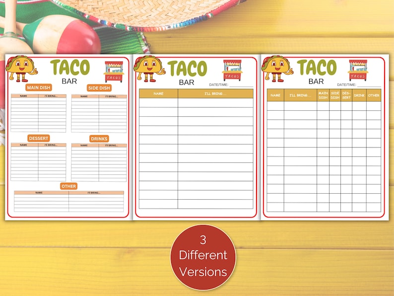 Taco Bar Sign up Sheet, Printable Mexican Fiesta Potluck Party Signup ...