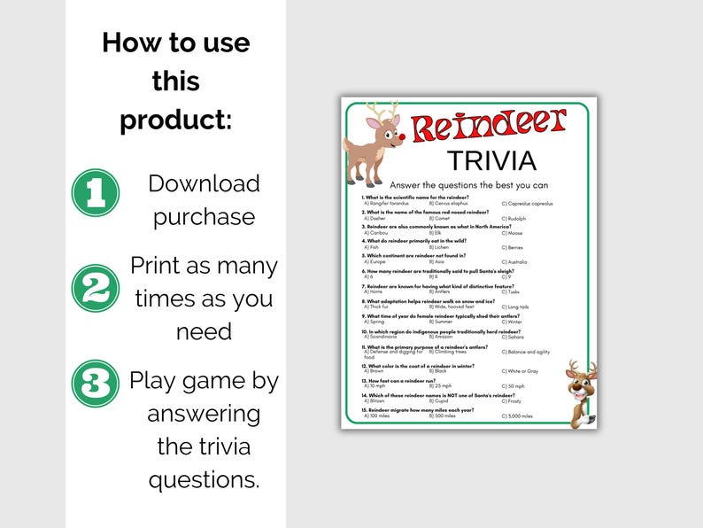 Reindeer Trivia Game, Printable Reindeer Quiz, Christmas Party Game ...
