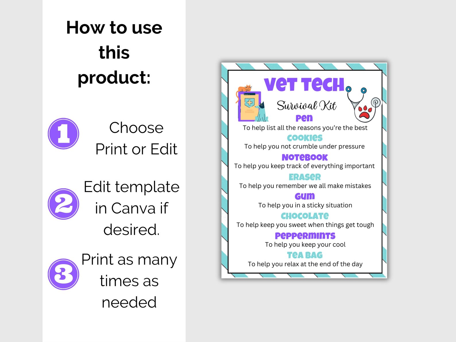 Editable Vet Tech Survival Kit Gift Tags, Veterinarian Technician ...