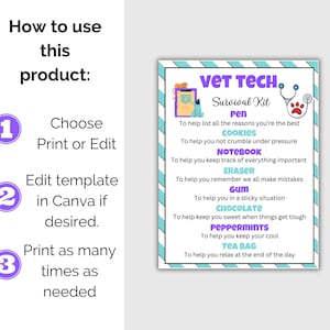 Editable Vet Tech Survival Kit Gift Tags, Veterinarian Technician ...