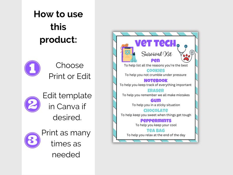 Editable Vet Tech Survival Kit Gift Tags, Veterinarian Technician ...