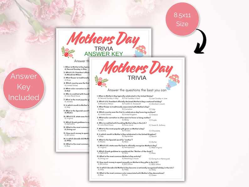 Mothers Day Trivia Game, Printable Mothers Day Quiz, Mothers Day Party ...