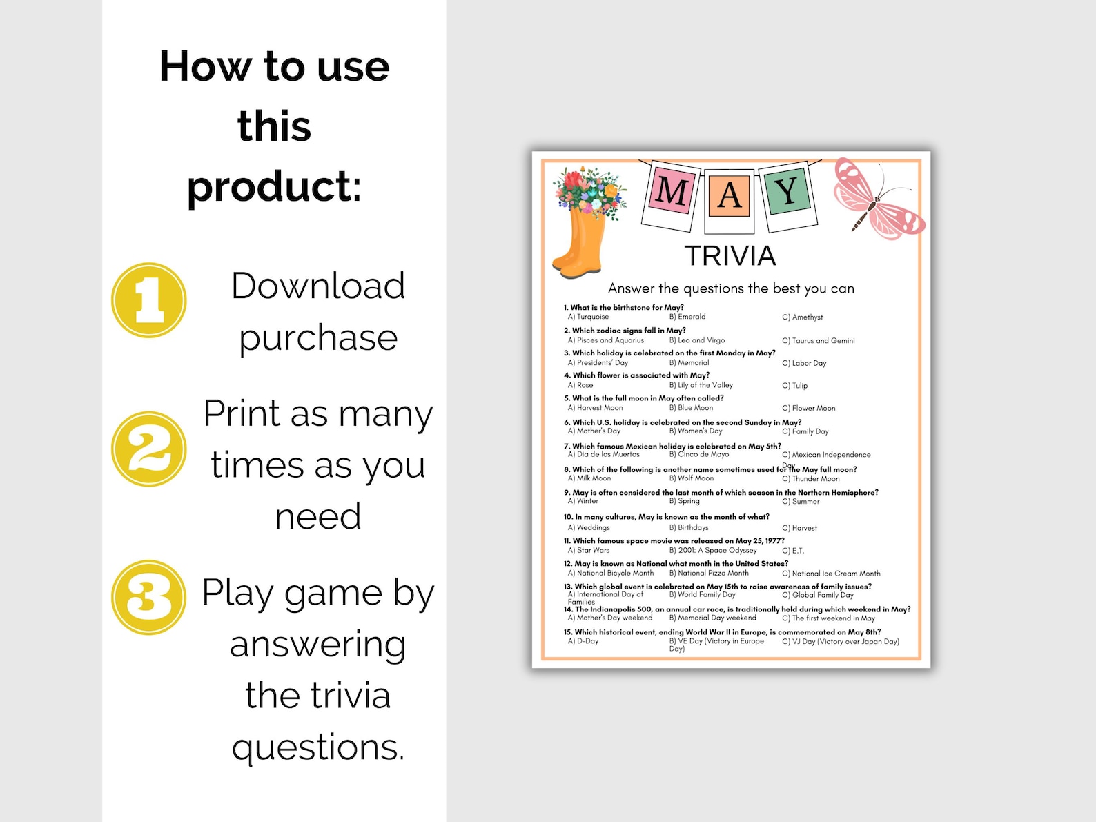 May Trivia Game, May Quiz, Printable Month Party Game, Spring Trivia ...