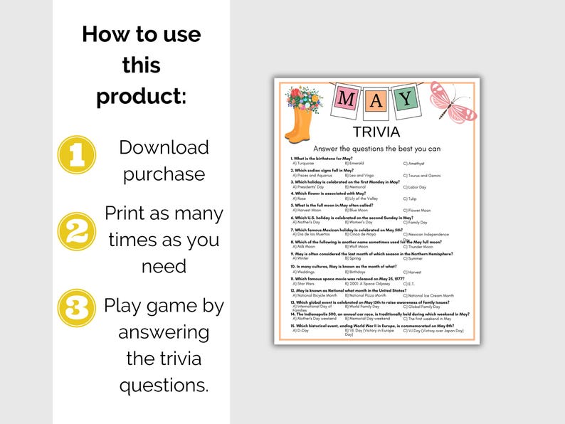 May Trivia Game, May Quiz, Printable Month Party Game, Spring Trivia ...