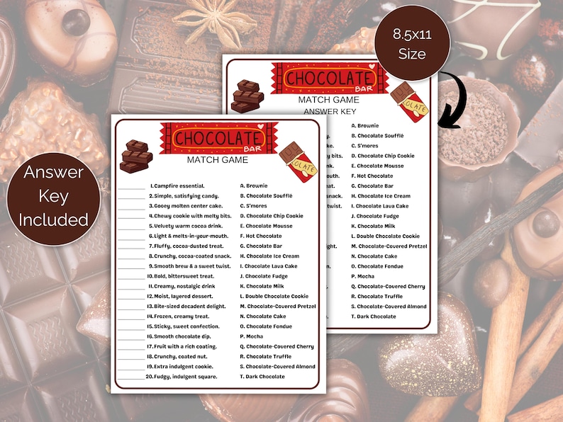 Chocolate Match Game, Printable Chocolate Party Quiz, Chocolate Matchup ...