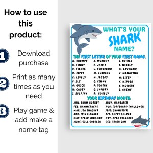What's Your Shark Name Game + Name Tags, Shark Birthday Party Activity ...