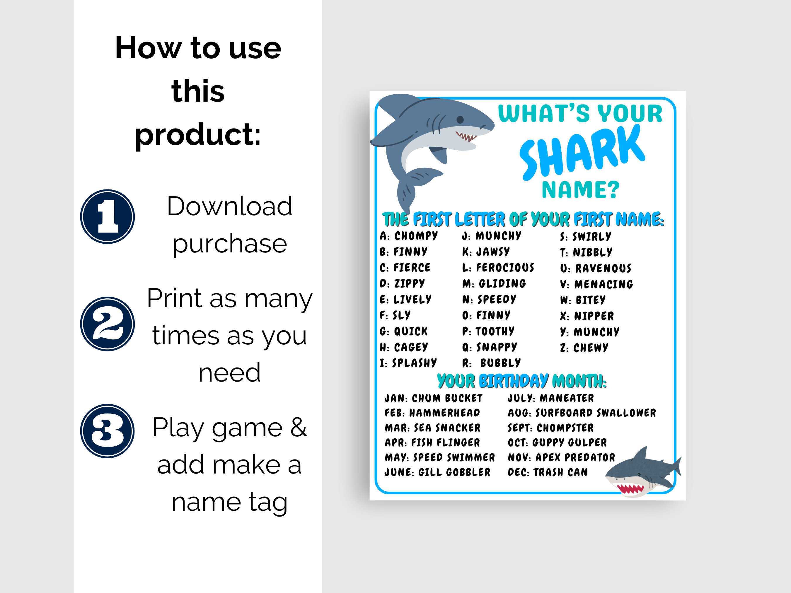 What's Your Shark Name Game Name Tags, Shark Birthday Party Activity ...