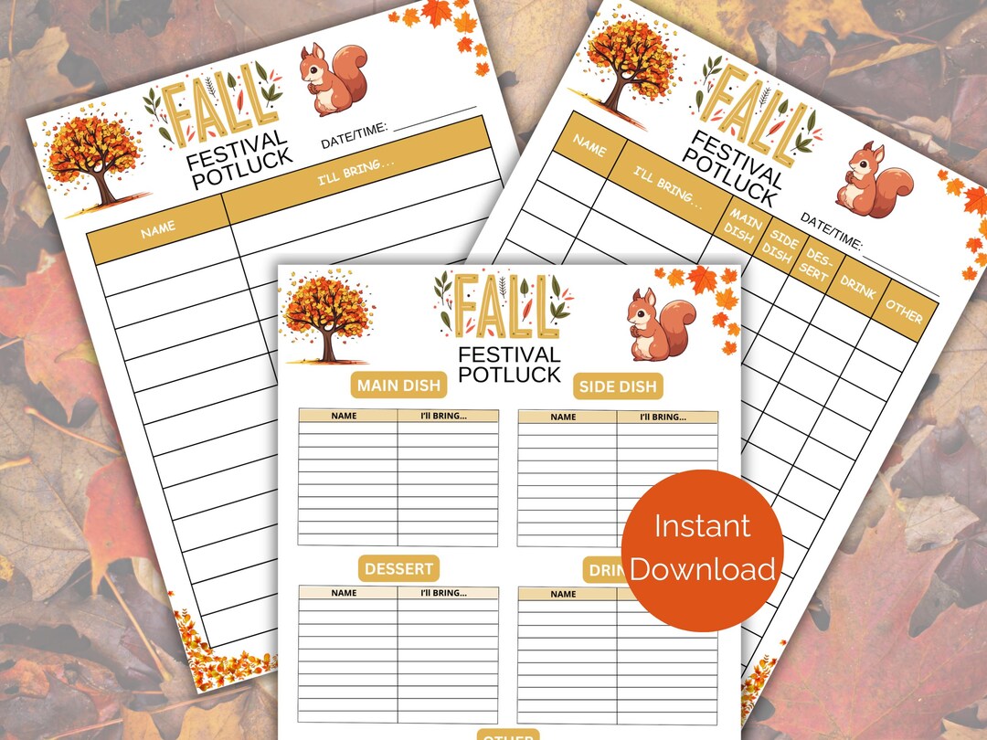 Fall Festival Potluck Sign up Sheet, Harvest Festival Potluck Sign up ...
