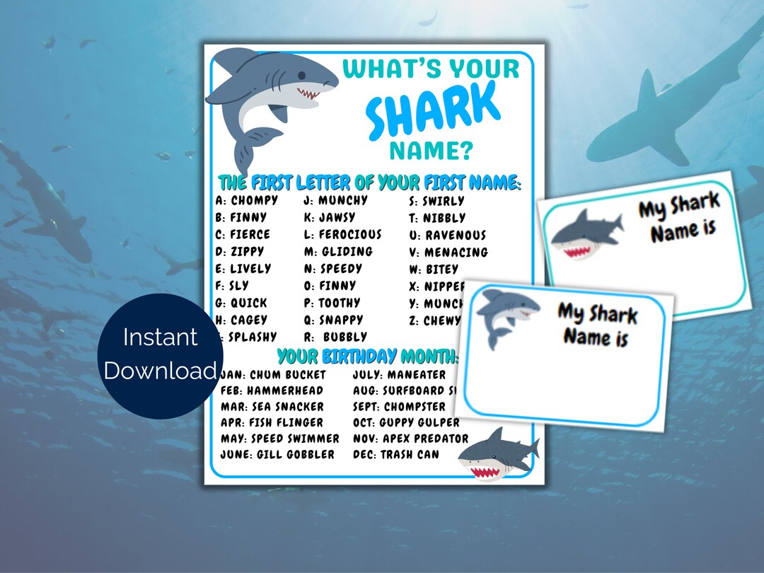 What's Your Shark Name Game + Name Tags, Shark Birthday Party Activity ...