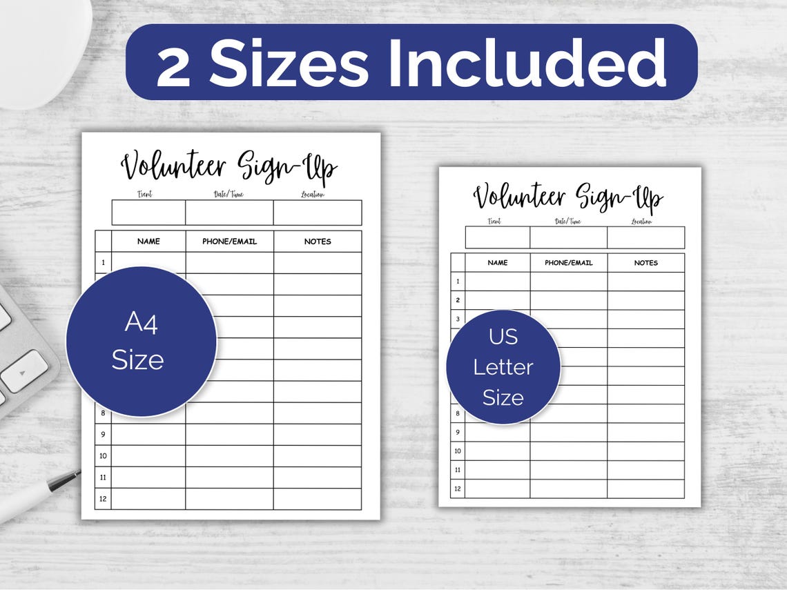 Volunteer Sign up Sheet, Printable Volunteer Signup List, Volunteer ...