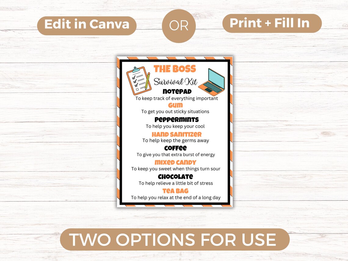 Editable Boss Survival Kit Gift Tags, Boss Appreciation Day Survival ...