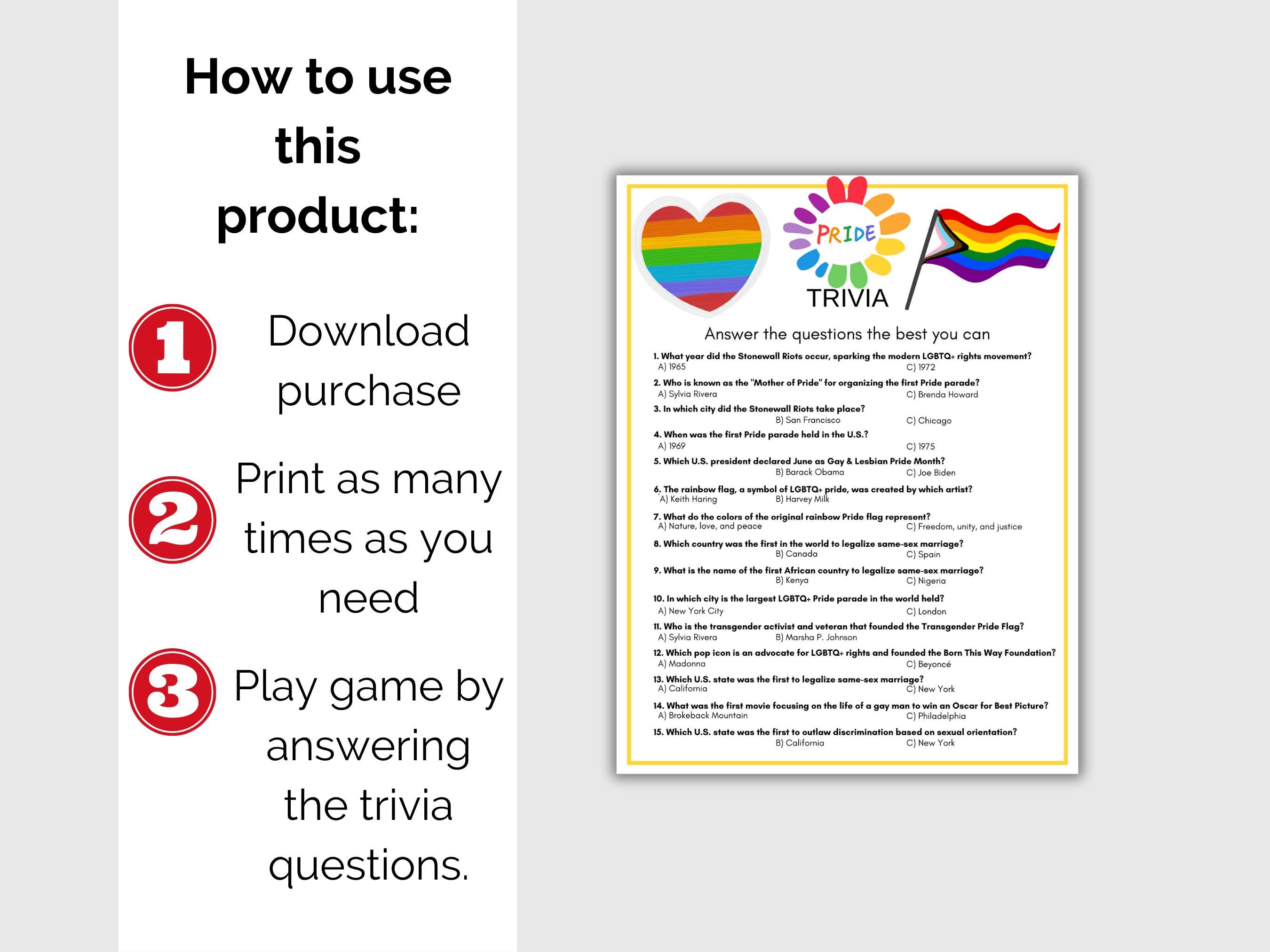 Pride Trivia Game, Pride Month Quiz, Gay Pride Trivia Game, Printable ...