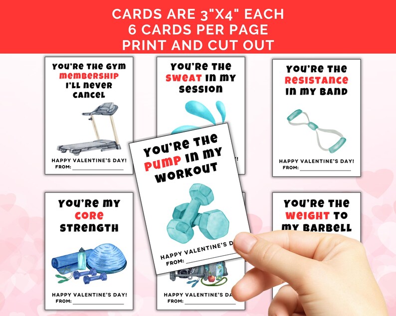 Gym Valentine Cards, 12 Printable Fitness Valentines, Workout Valentine ...
