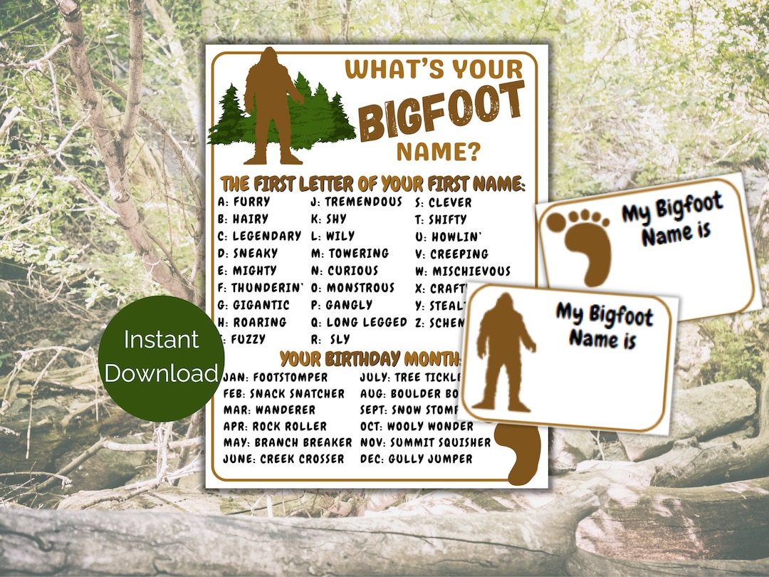 What's Your Bigfoot Name Game + Name Tags, Bigfoot Party Printable ...