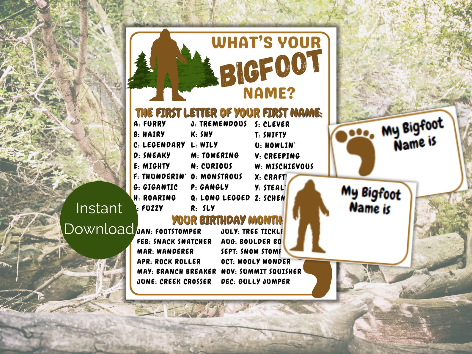 What's Your Bigfoot Name Game + Name Tags, Bigfoot Party Printable ...