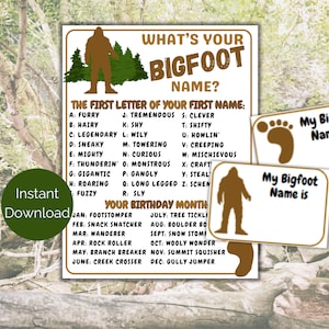 What's Your Bigfoot Name Game + Name Tags, Bigfoot Party Printable ...