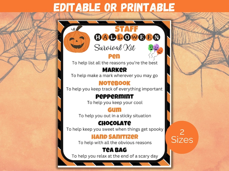 Editable Halloween Staff Survival Kit Gift Tags, Halloween Survival Kit ...