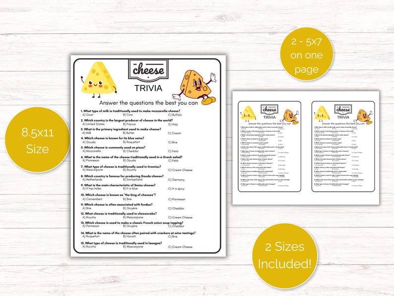 Cheese Trivia Game, Cheese Quiz, Printable Cheese Party Game for Kids ...