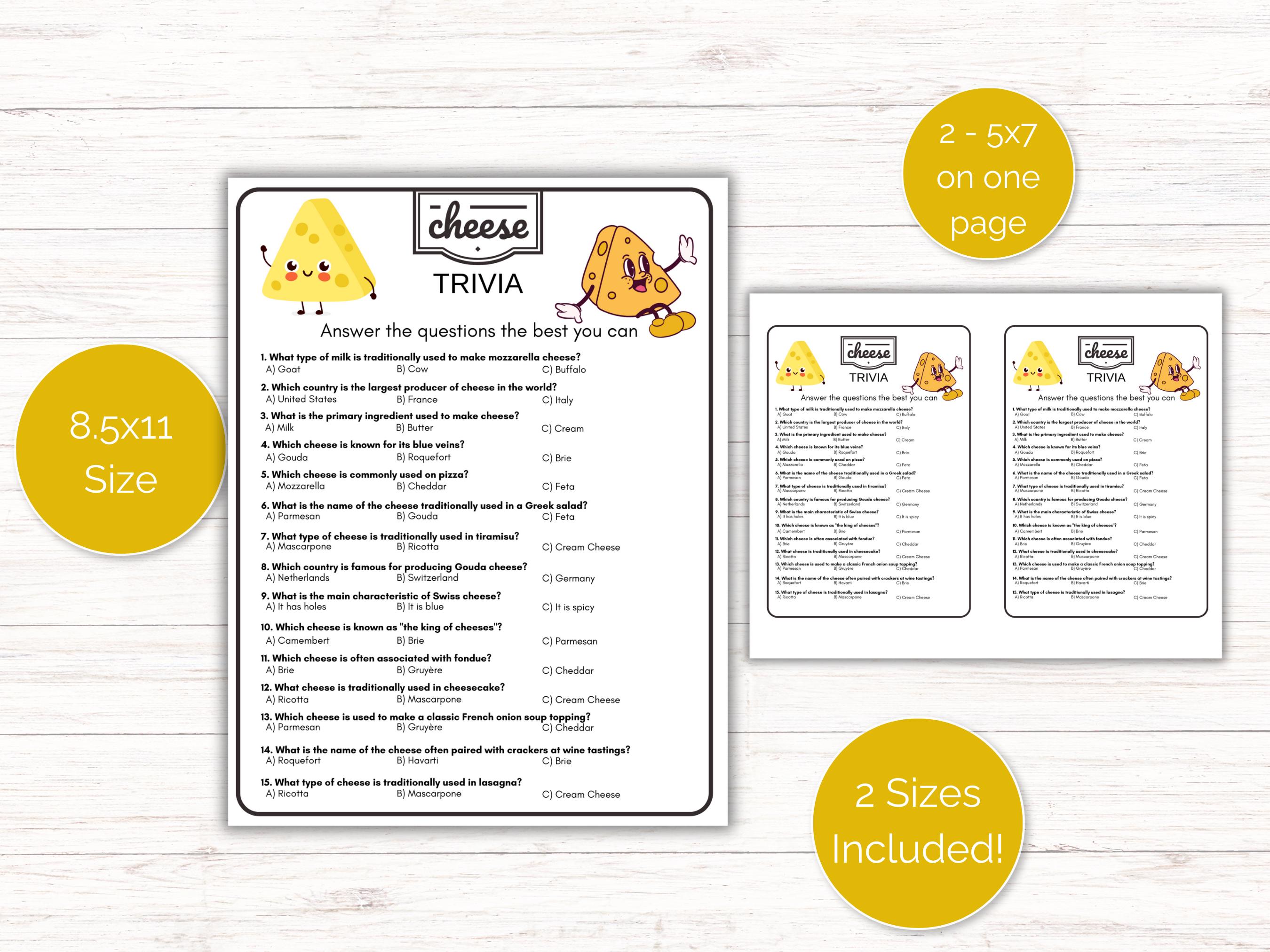 Cheese Trivia Game, Cheese Quiz, Printable Cheese Party Game for Kids ...