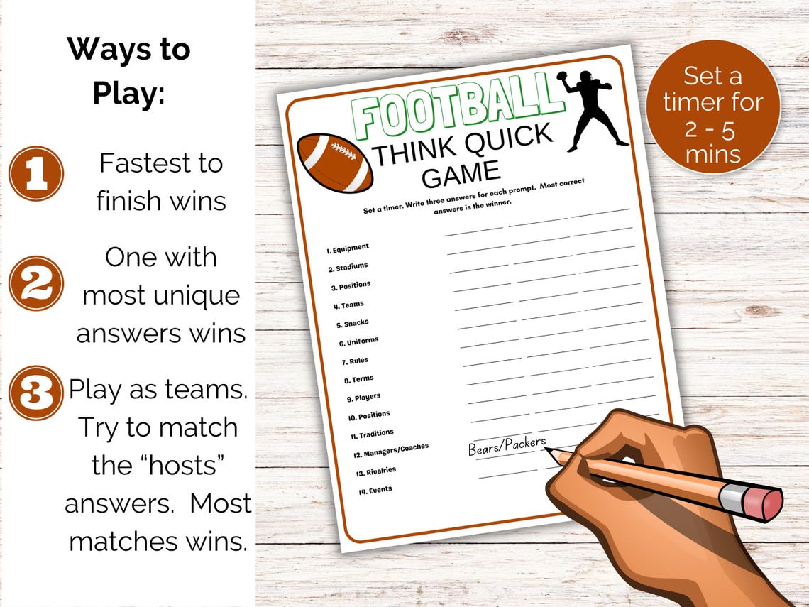 Football Think Quick, Football Party Game, Tailgate Party Activity ...