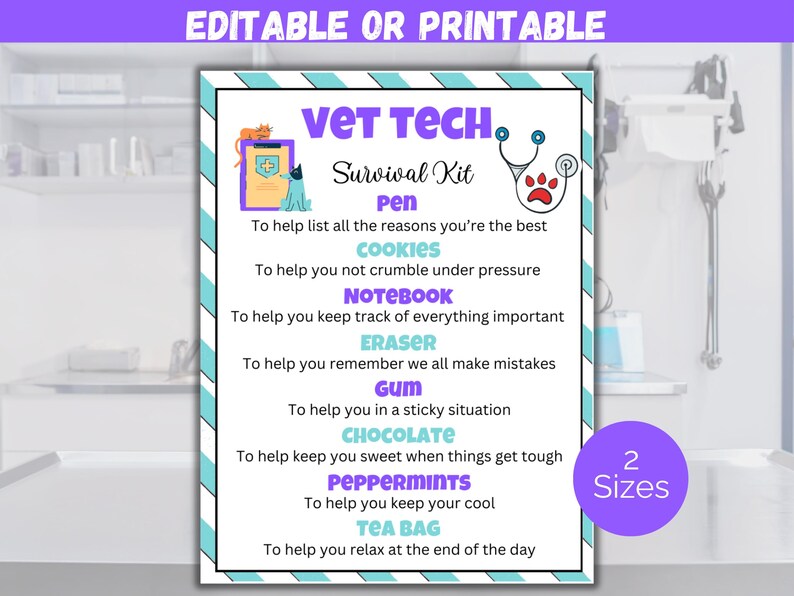 Editable Vet Tech Survival Kit Gift Tags, Veterinarian Technician ...