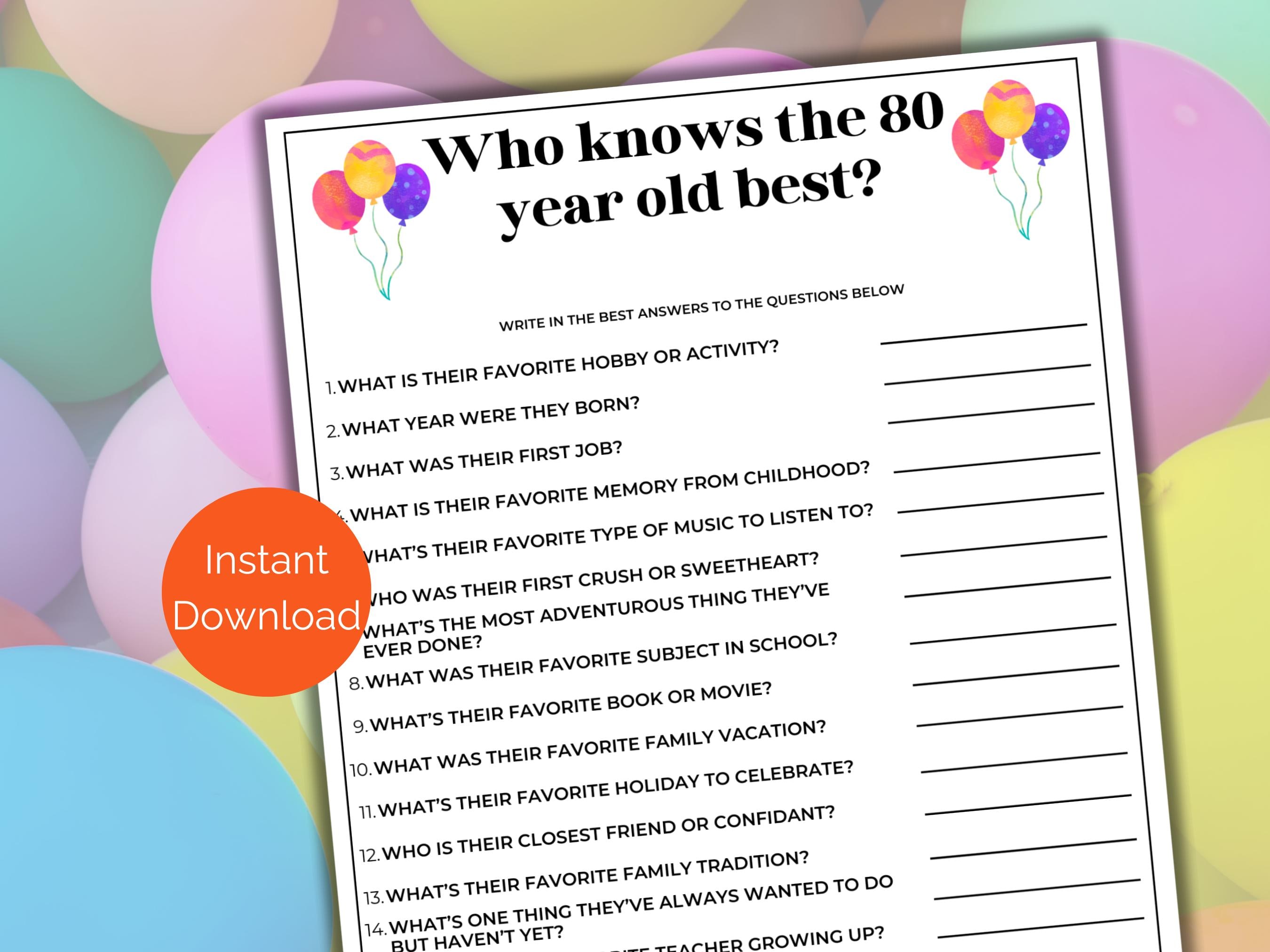 Who Knows the 80 Year Old Best Game, Printable 80th Birthday Party ...