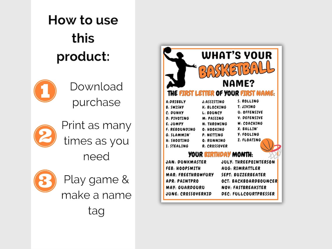 What's Your Basketball Name Game + Name Tags, Basketball Party Activity ...
