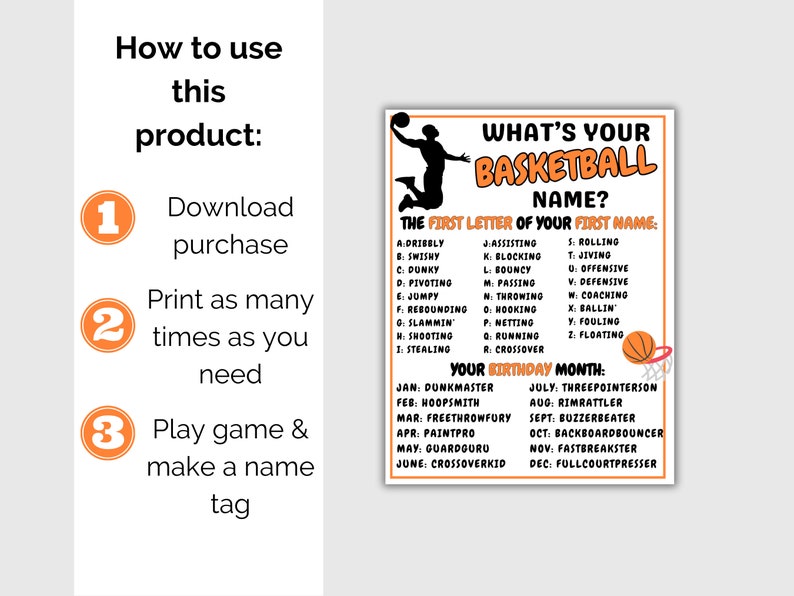 What's Your Basketball Name Game + Name Tags, Basketball Party Activity ...