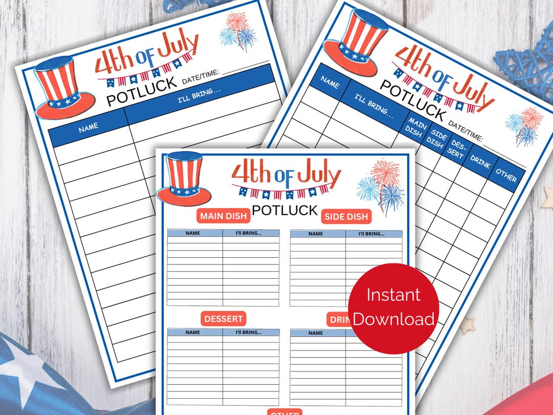 July 4th Potluck Sign up Sheet, Printable 4th of July Party Potluck ...