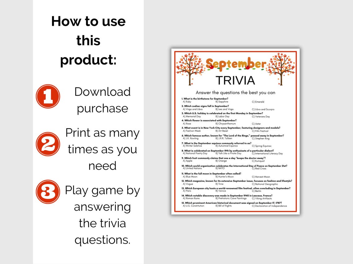 September Trivia Game, Printable September Quiz, Fall Party Game, Fall ...