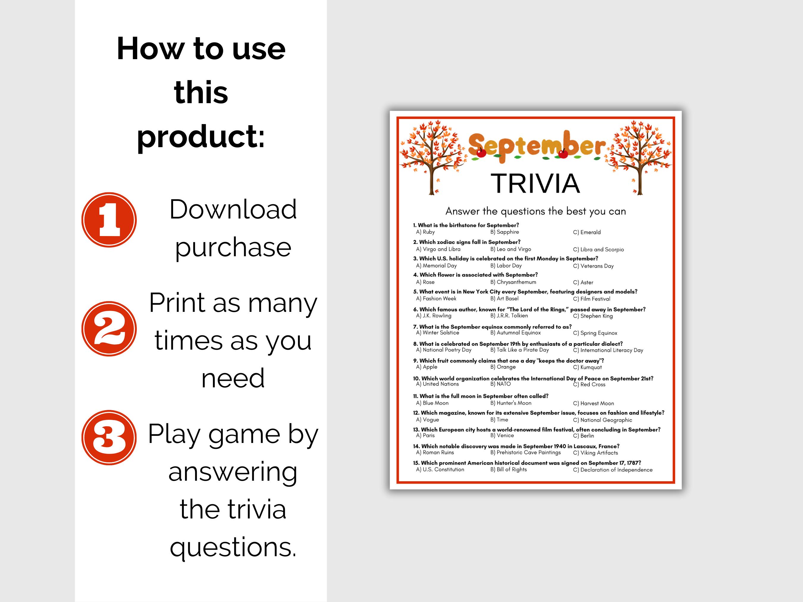 September Trivia Game, Printable September Quiz, Fall Party Game, Fall ...