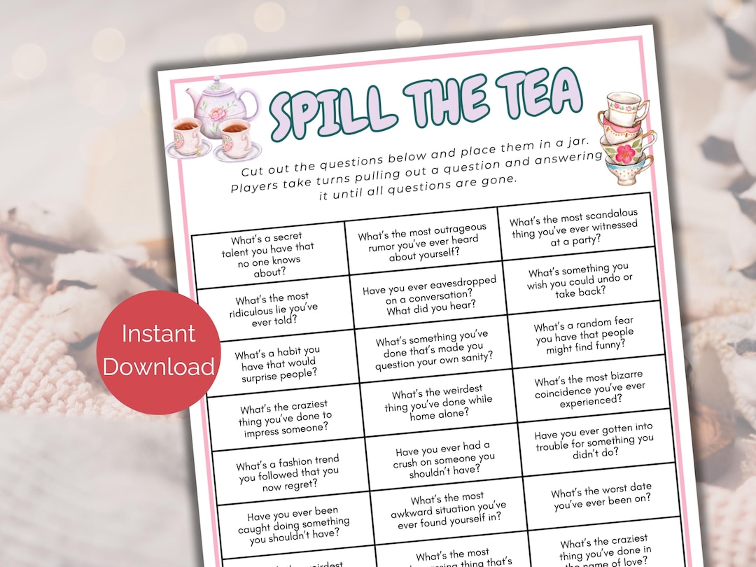 Spill the Tea Game, Printable Tea Party Games, Garden Party Game ...