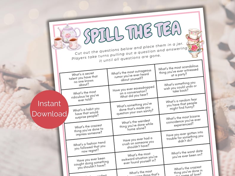 Spill the Tea Game, Printable Tea Party Games, Garden Party Game ...