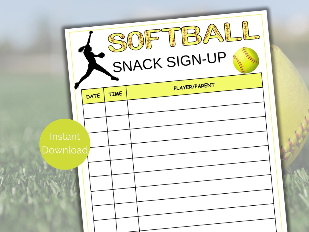 Softball Snack Sign up Sheet, Printable Softball Snack Calendar ...