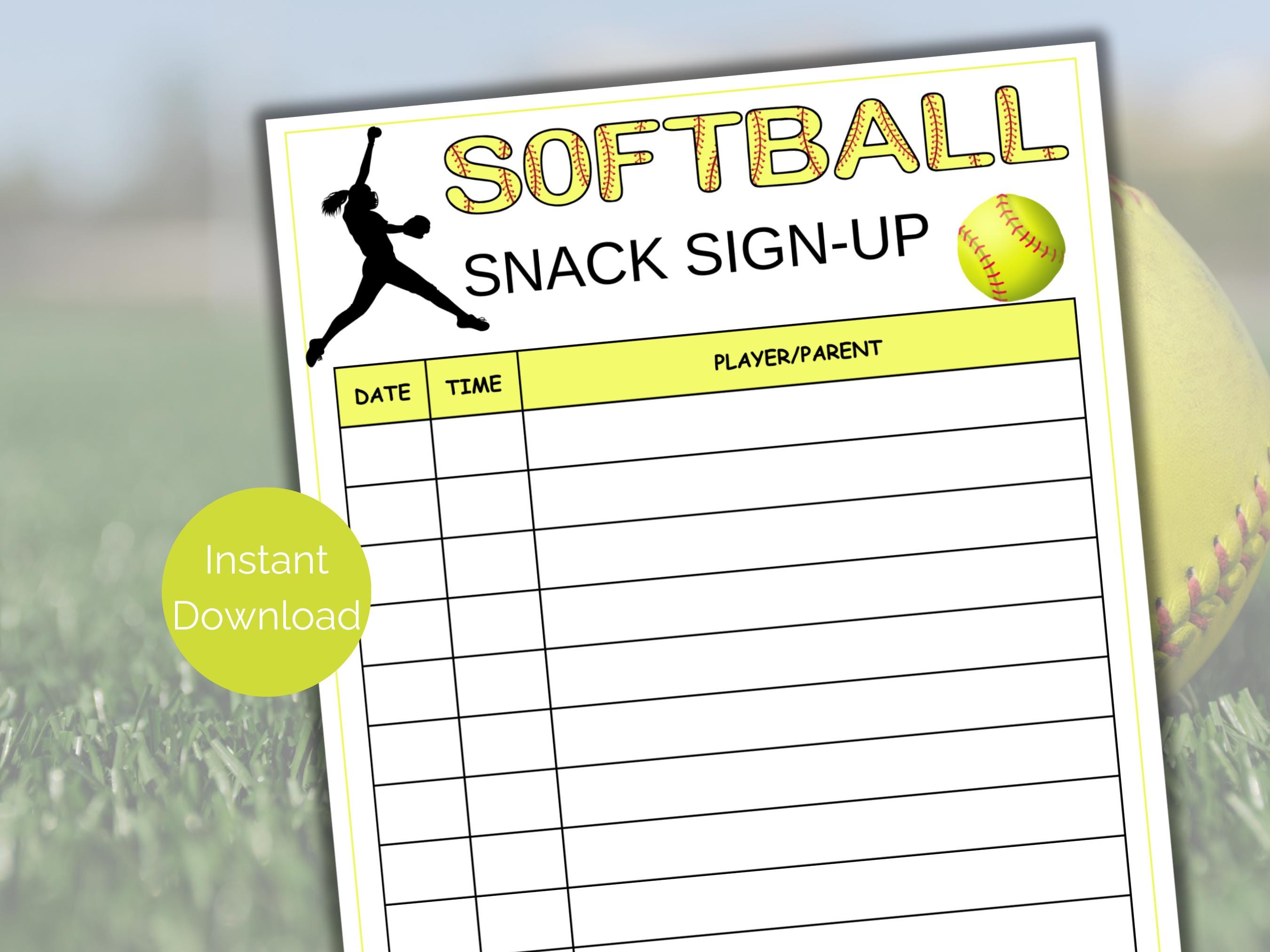 Softball Snack Sign up Sheet, Printable Softball Snack Calendar ...