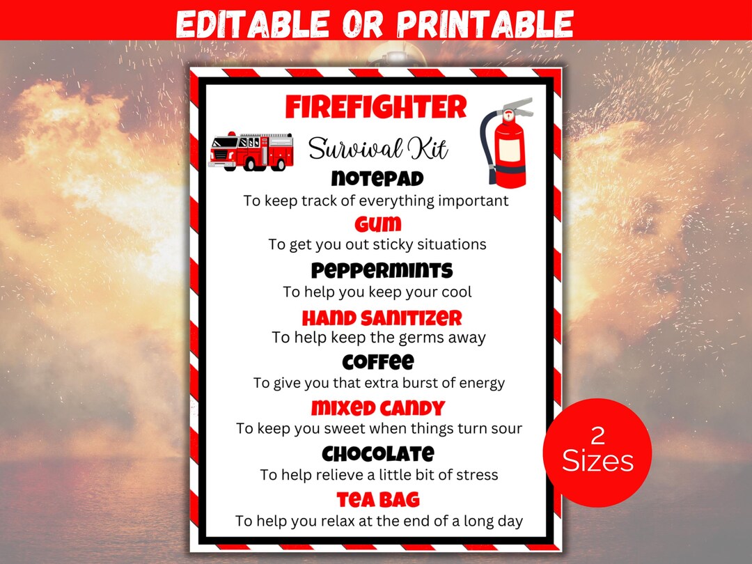 Editable Firefighter Survival Kit Gift Tags, Firefighter Appreciation ...